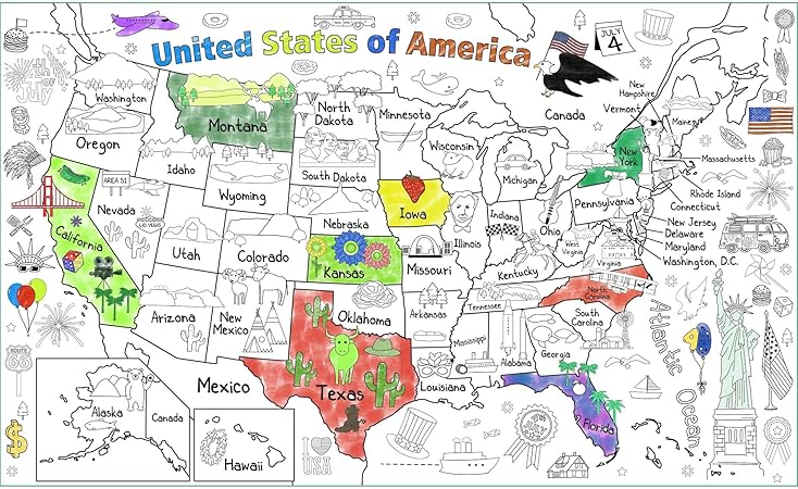 Amazon.com: PartyGarden US Map Coloring Poster for Kids - 54 x 33 ...