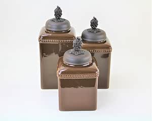 Amazon.com: LARGE 3 PC CERAMIC KITCHEN CANISTERS (BROWN, COPPER GRAPE ...