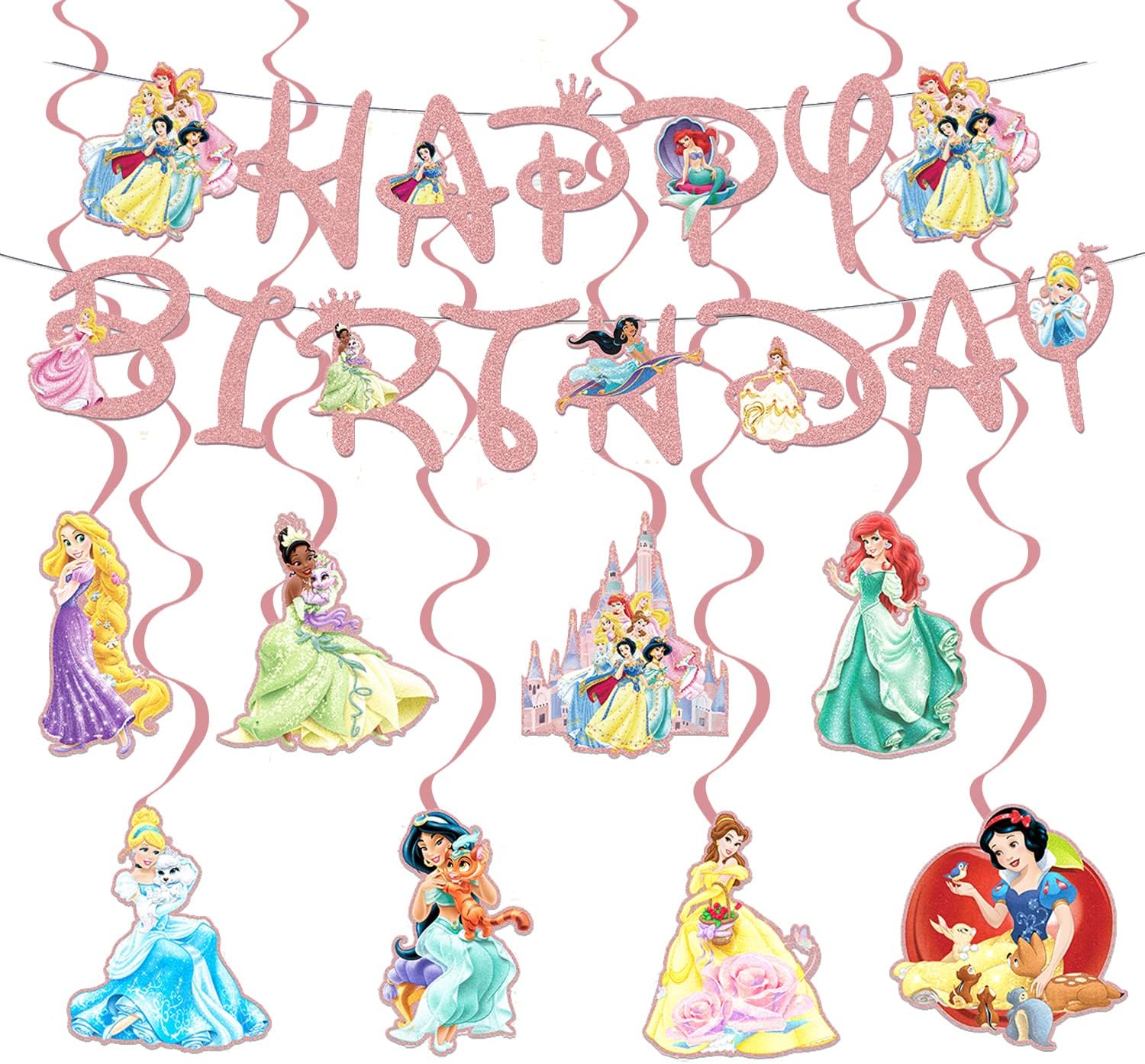 Amazon.com: Princess Birthday Decorations Pink Gold Glitter Cartoon ...