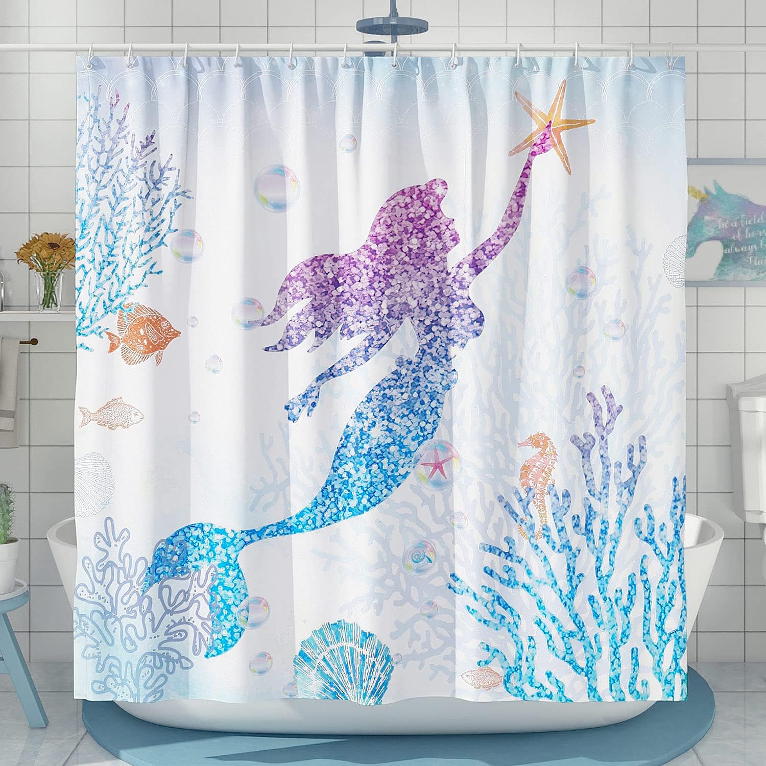 Amazon.com: DESIHOM Cute Mermaid Shower Curtain Set, Glitter Fish Scale ...