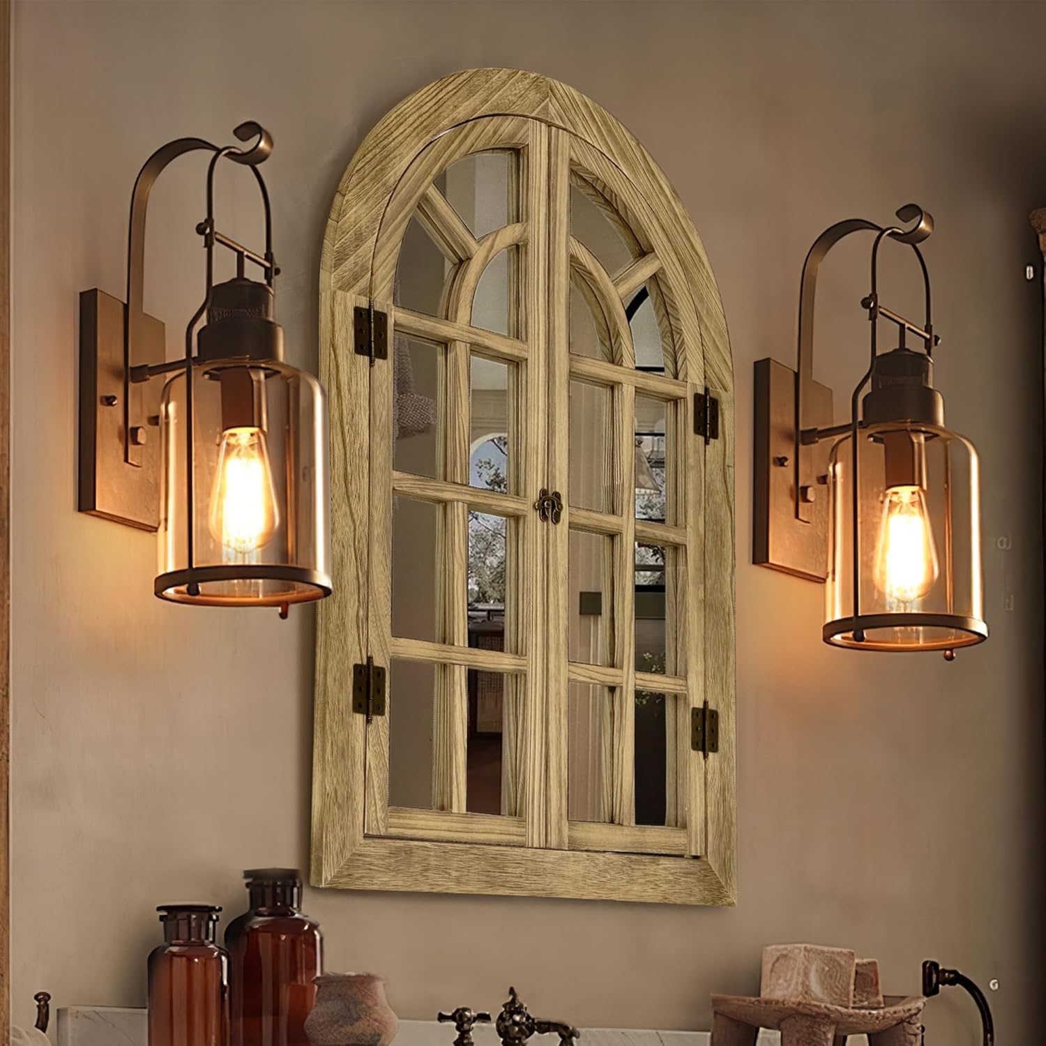 Amazon.com: Elissposar Window Mirrors for Wall Decor - Brown Arched ...