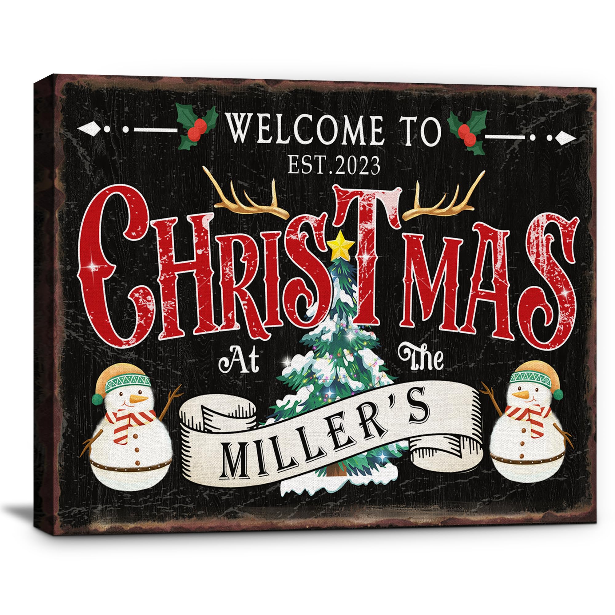 Amazon.com: Hetano Personalized Christmas Wall Decor Vintage Welcome To Christmas Canvas Sign ...