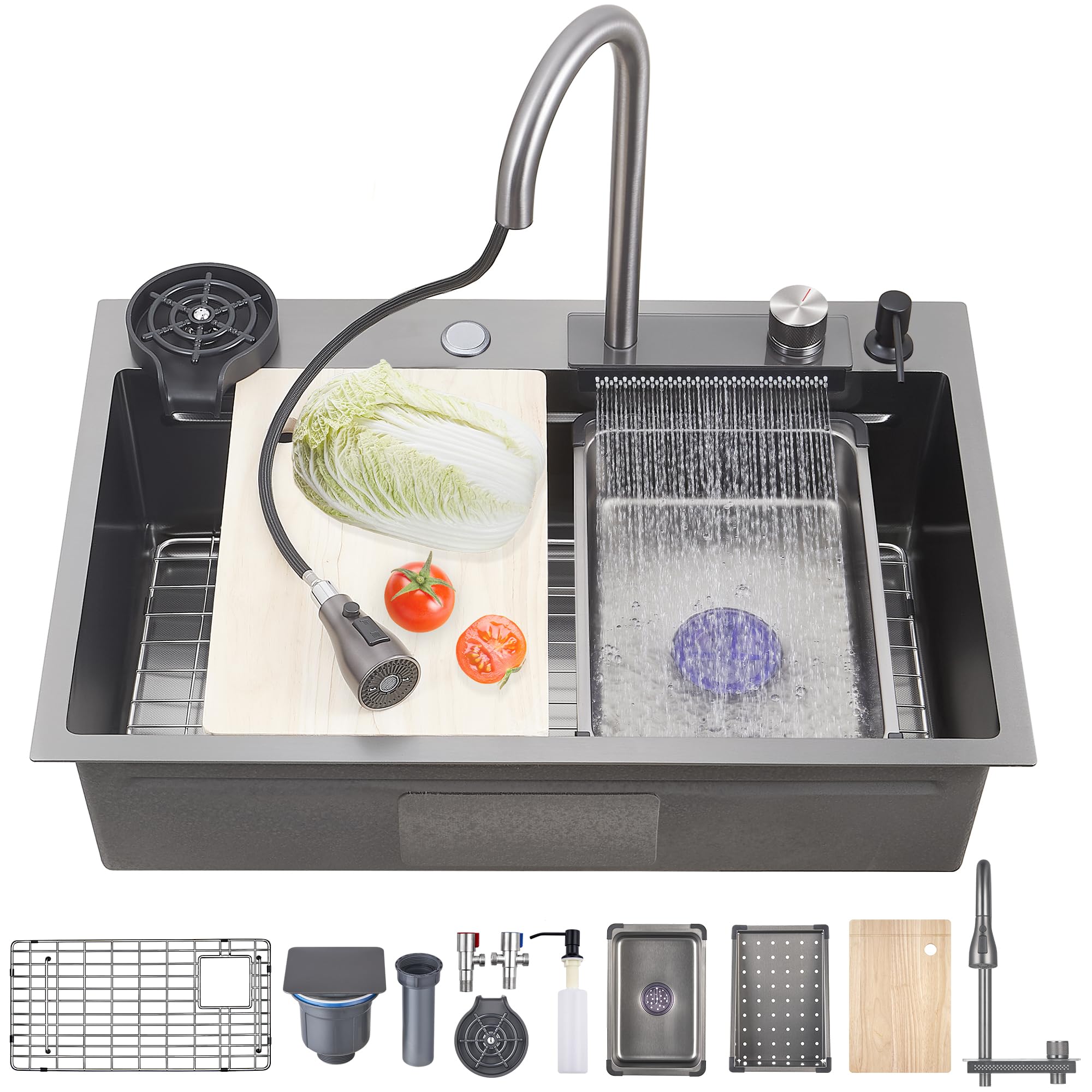 Ribanedy 32 x 20 Inch Black-gray Waterfall Kitchen Sink，Drop In ...