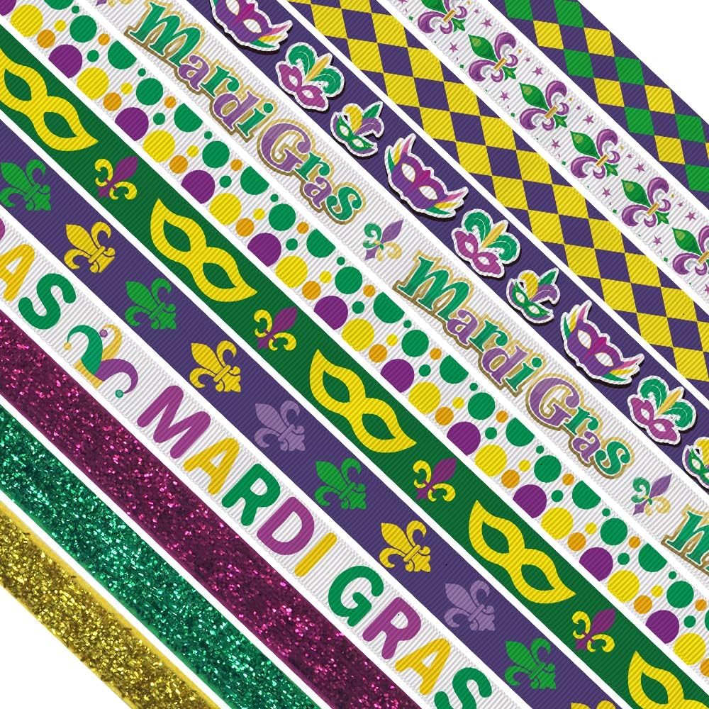 Amazon.com: ALIBBON 12 Yards 3/8" Mardi Gras Ribbon Glitter Yellow ...