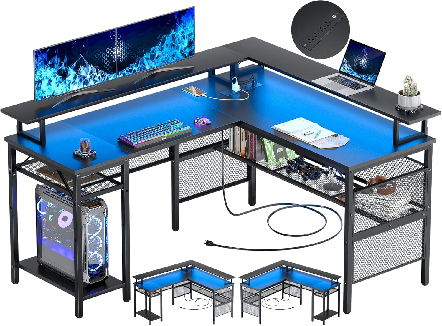 Unikito L Shaped Desk with LED Strip and Power Outlets, Reversible ...