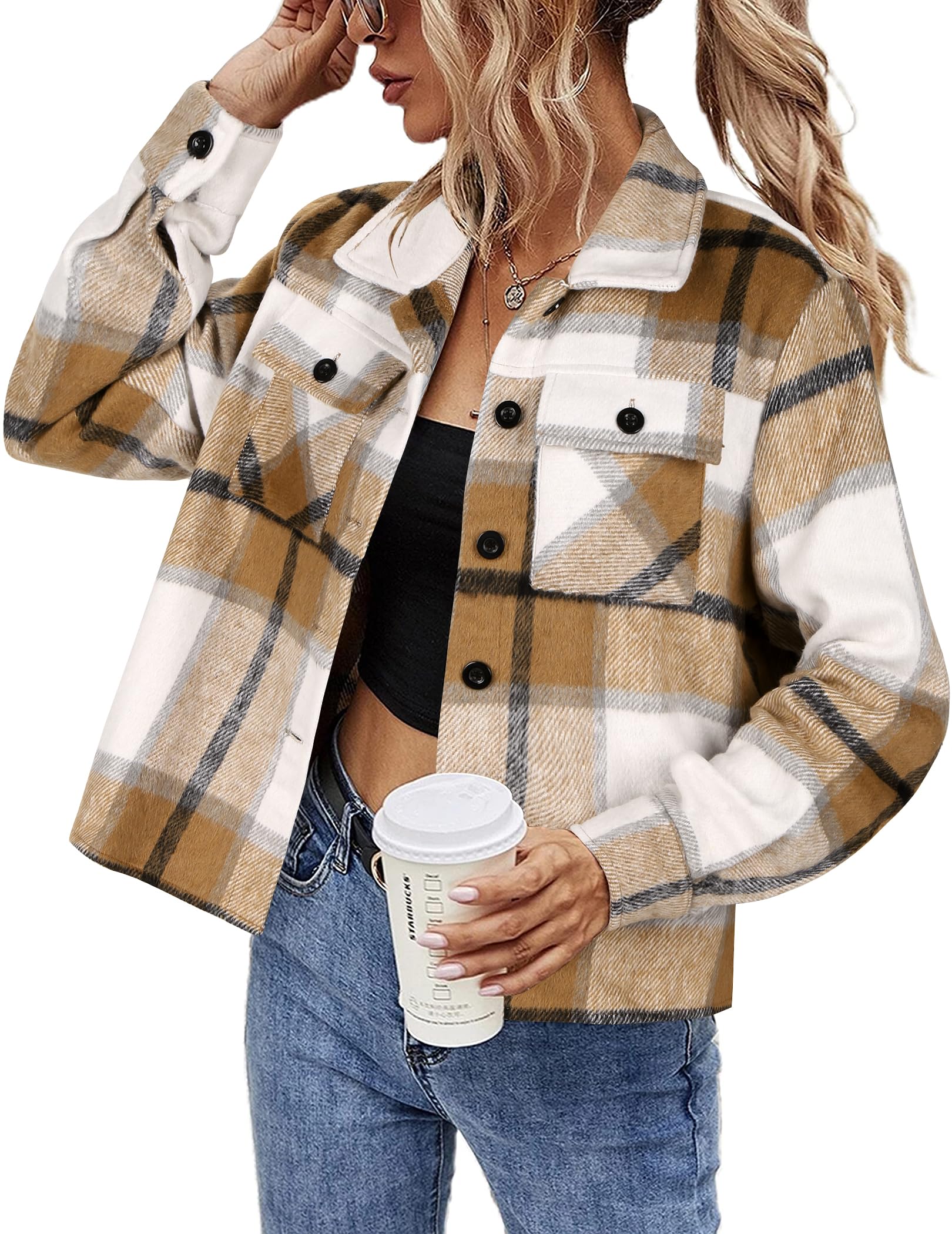 Amazon.com: HOTOUCH Womens Flannels Fall Cropped Shacket Plaid Jacket ...