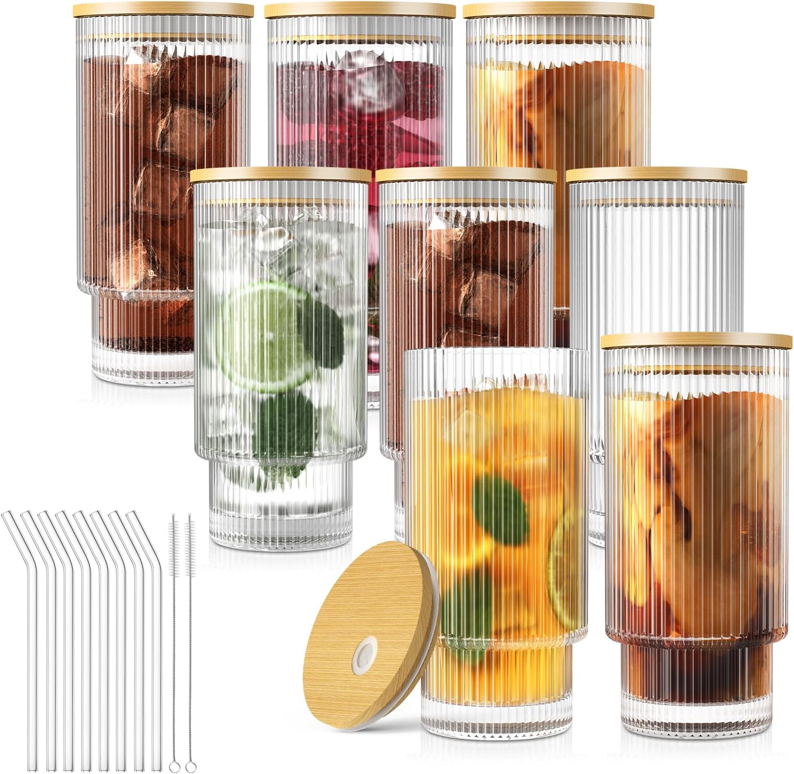 Amazon.com | Naeety 16OZ Ribbed Glass Cups with Lids and Straws, Ribbed ...