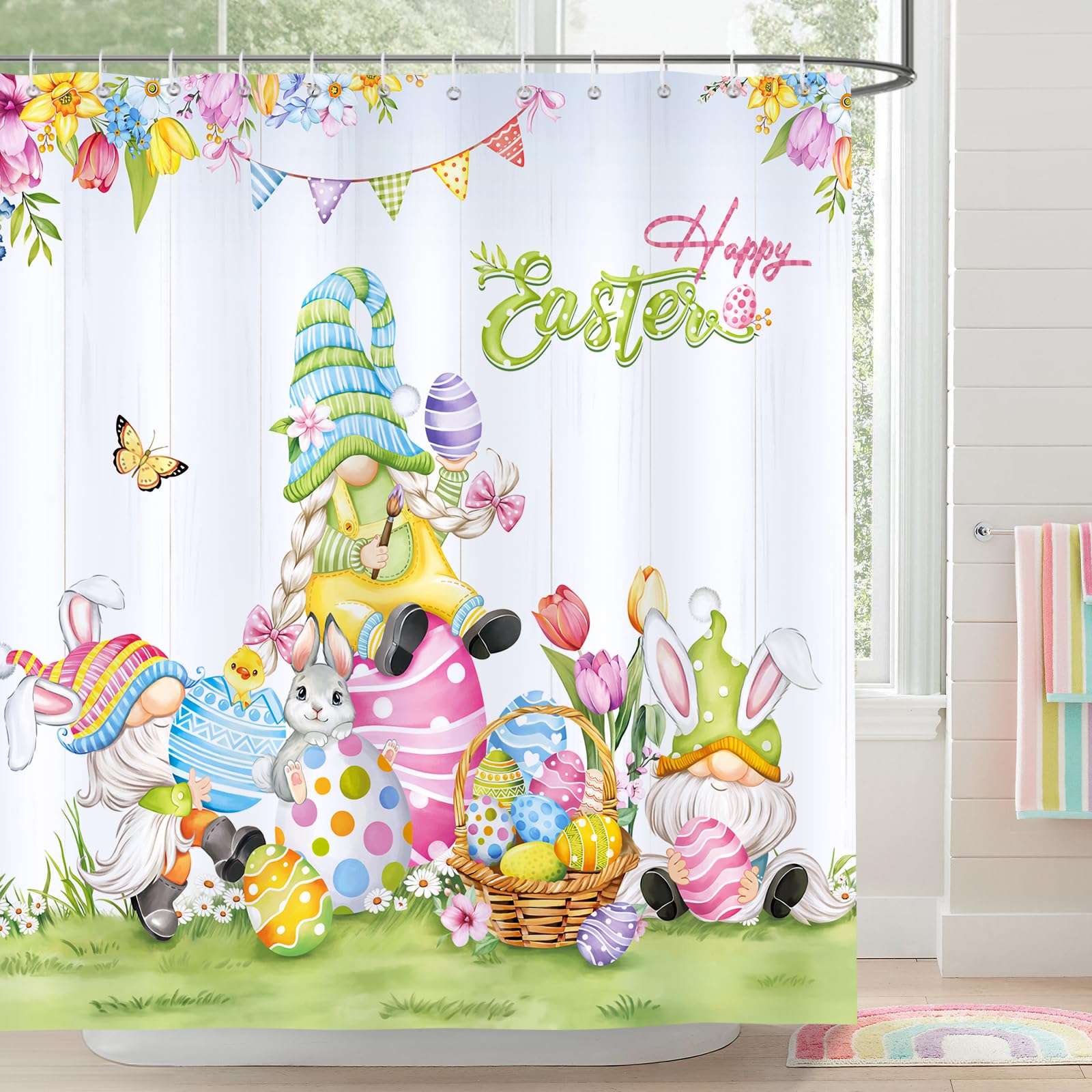 Bonhause Happy Easter Shower Curtain Colorful Gnomes Easter Eggs Bunny ...