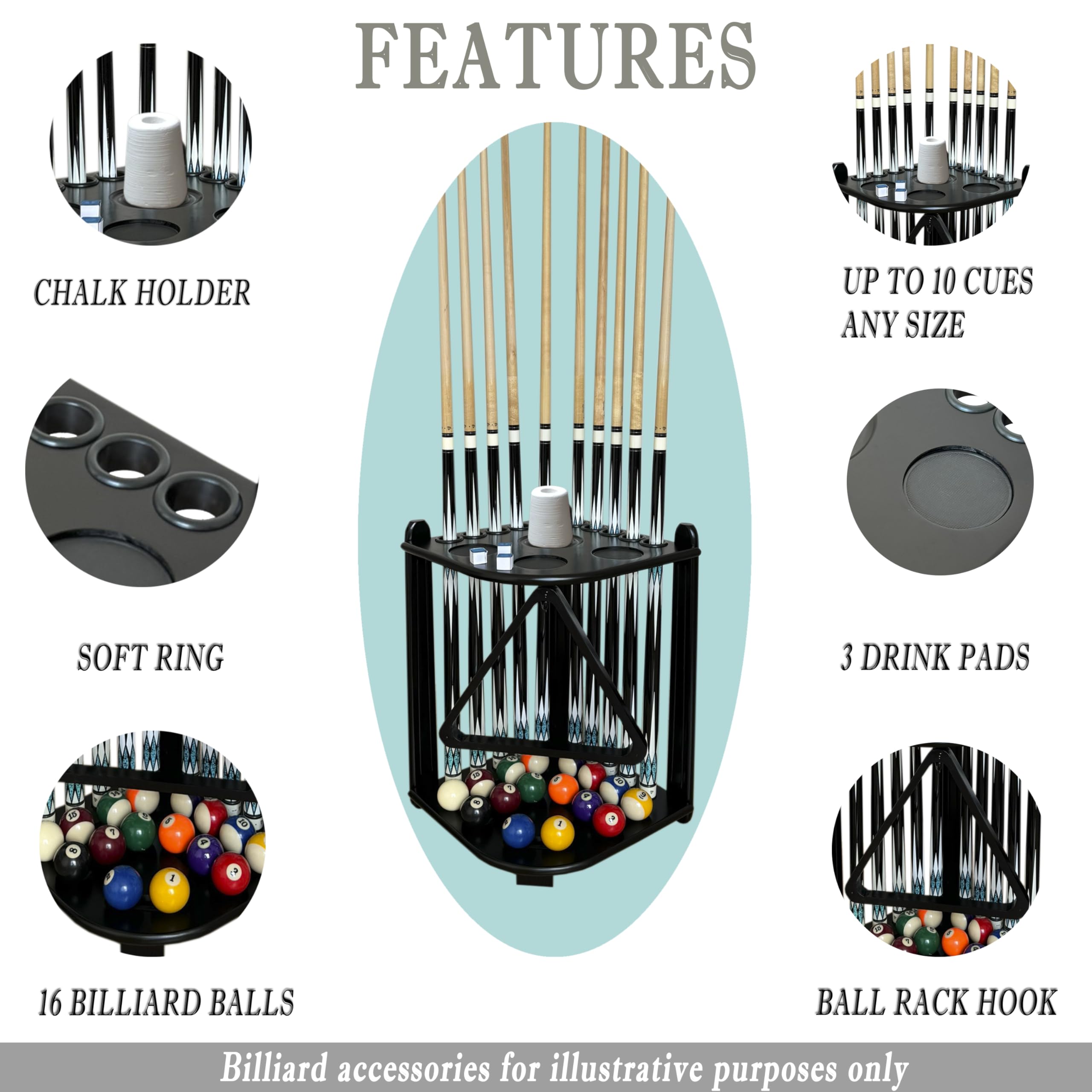 Snapklik.com : GACCO BILLIARDS Corner Pool Cue Holder Rack Hold 10 Cue ...