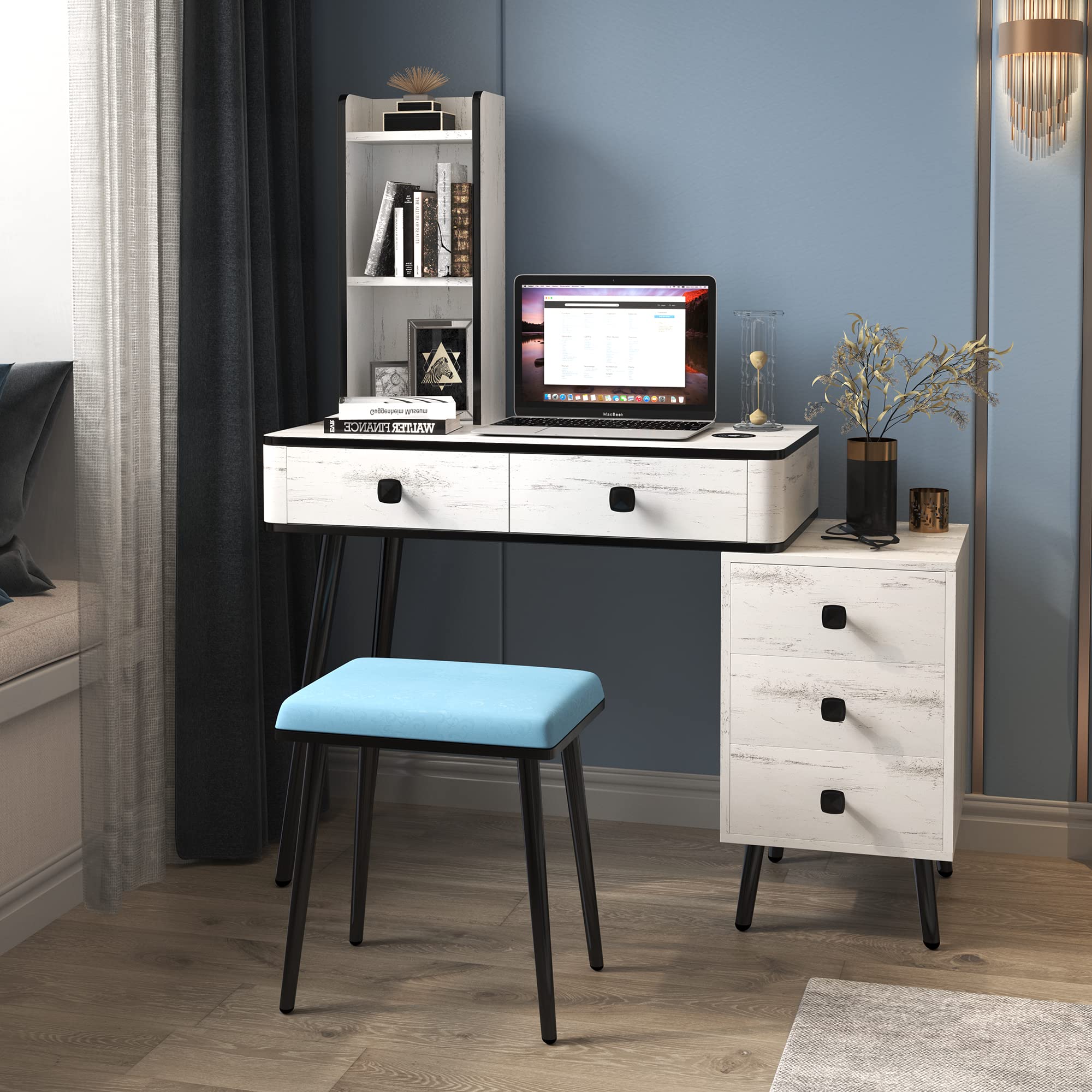 LVSOMT Vanity Desk Sets with Round Lighted Makeup Mirror, 3-in-1 USB ...