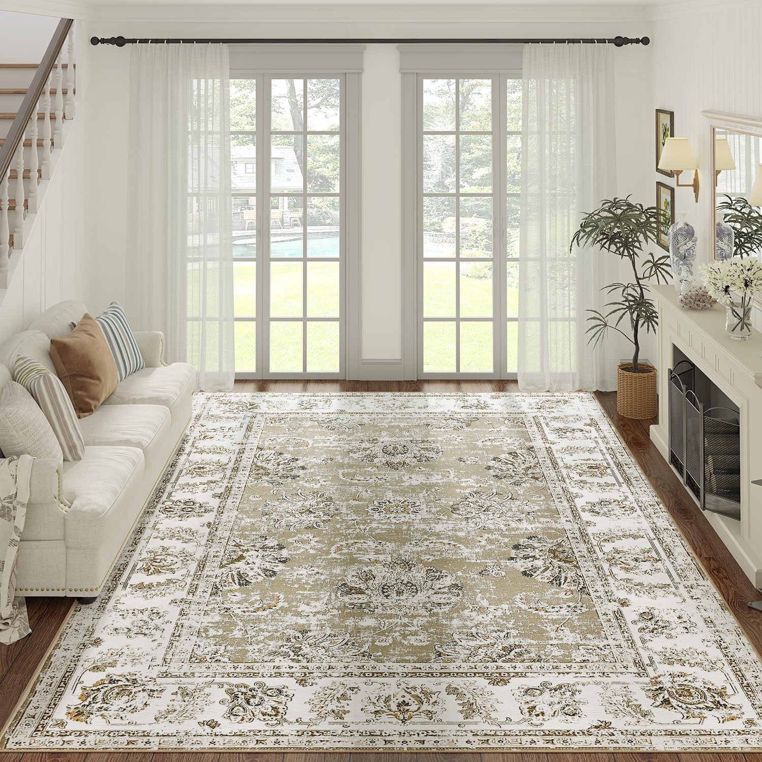 jinchan Area Rug 9x12 Boho Living Room Rug Taupe Floral Print Washable ...