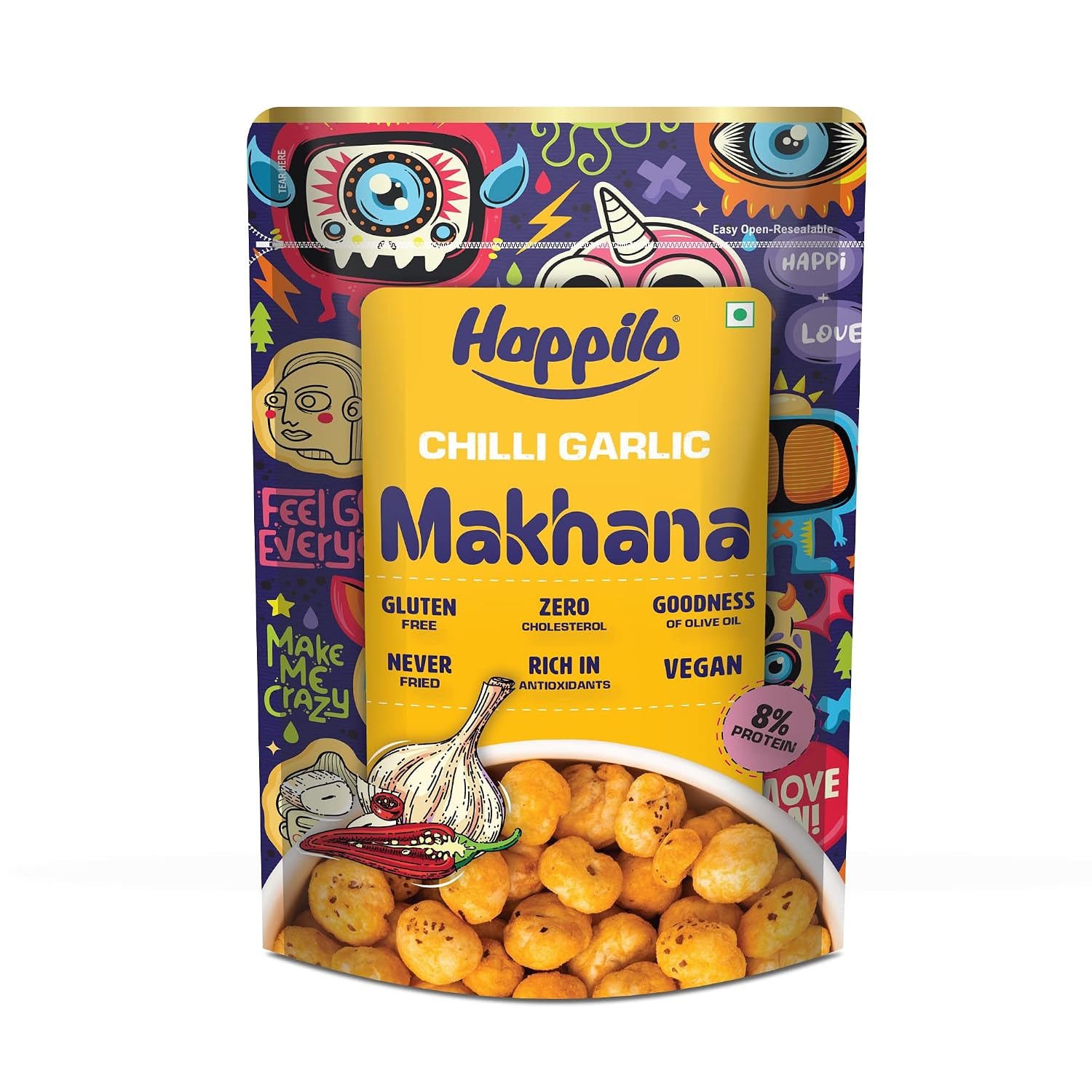 Happilo Premium Super Snack Makhana Chilli Garlic 60g, Roasted Foxnut ...