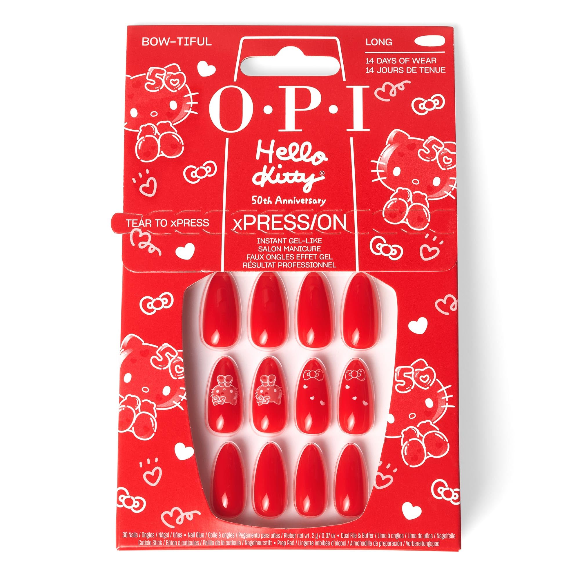 Amazon.com: OPI xPRESS/ON Bow-tiful | Bright Red Long Almond Press On ...