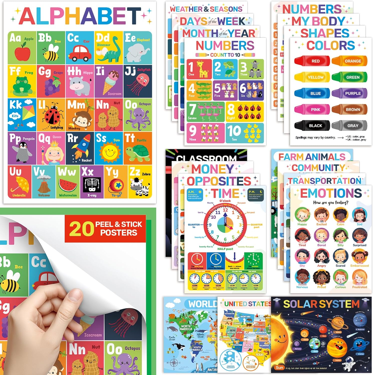 Amazon.com: DECOWALL PS-01 20 Educational Peel & Stick Poster Stickers ...