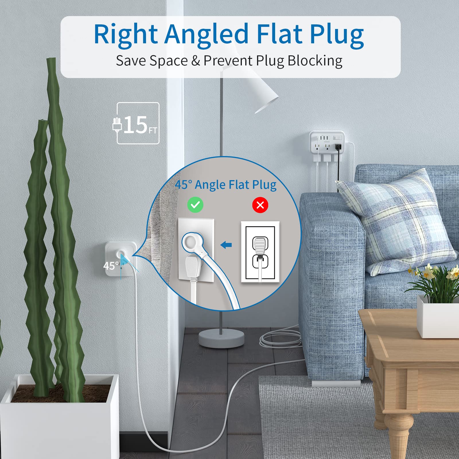 Snapklik.com : Extension Cord 15 Ft, Surge Protector Power Strip