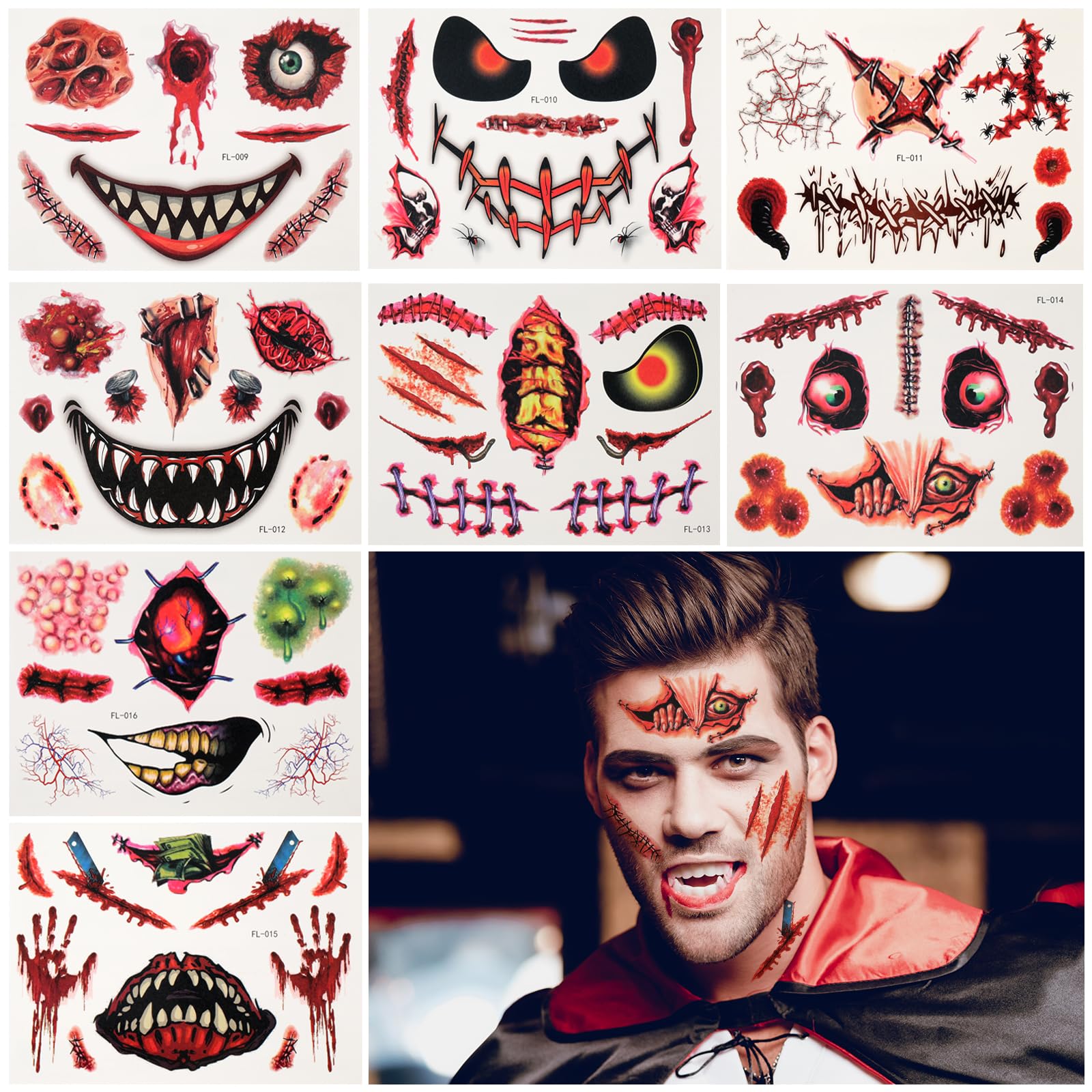 Amazon.com : Zienlay Halloween Zombie Makeup Temporary Tattoos 74Pcs ...