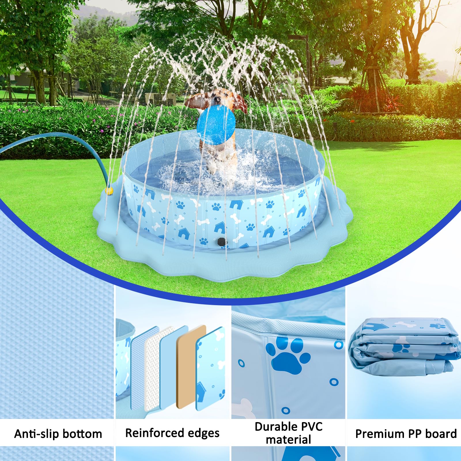 Splash Sprinkler Pad with Poll for Dogs - 47" Thicken Dogs Pet Swimming ...
