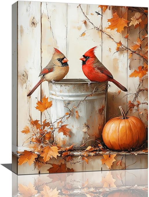 Amazon.com: Fall Cardinal Wall Art Autumn Pumpkin Leaf Pictures Wall ...