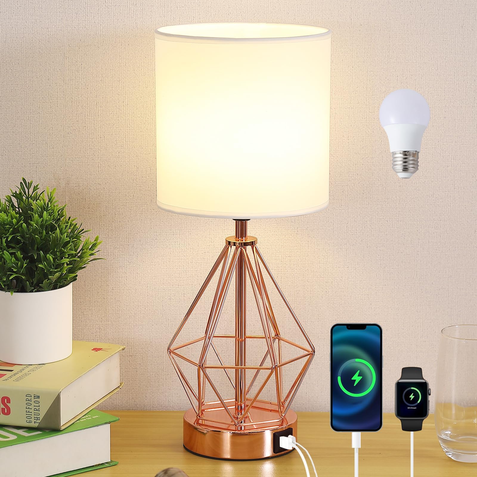 Sheenkarion Rose Gold Touch Control Small Table Lamp,Dimmable Bedroom ...