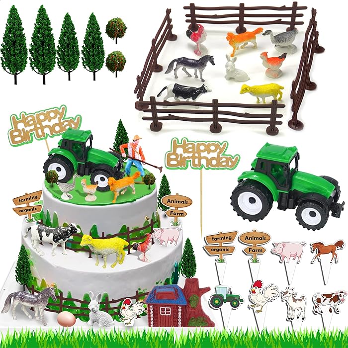 Buy 48PCS Farm Theme Cake Topper Kit with Mini Animal Tractor Tree ...