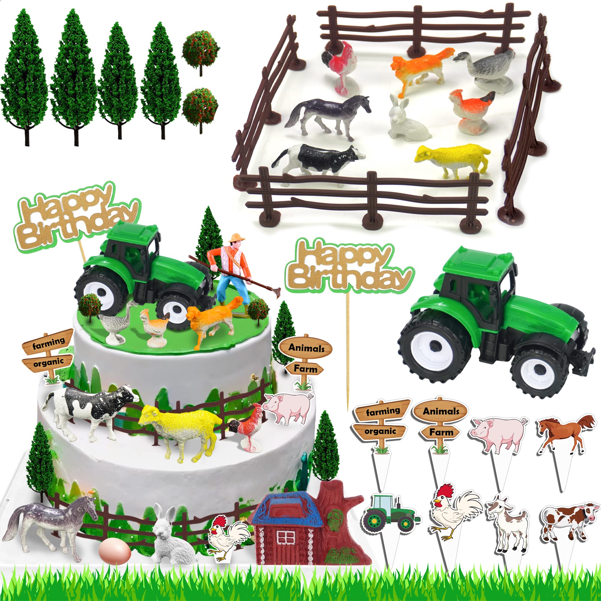 Buy 48PCS Farm Theme Cake Topper Kit with Mini Animal Tractor Tree ...