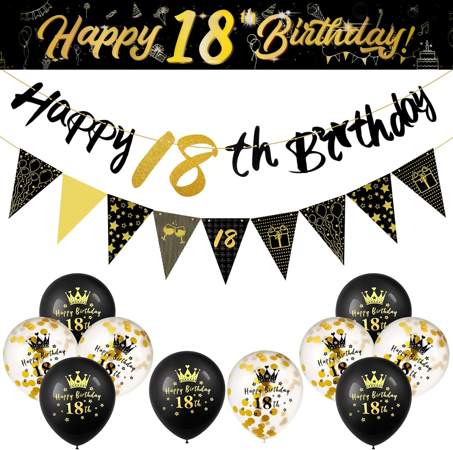 Partideal 13 Pieces 18th Birthday Party Decorations,Black Gold 18th ...
