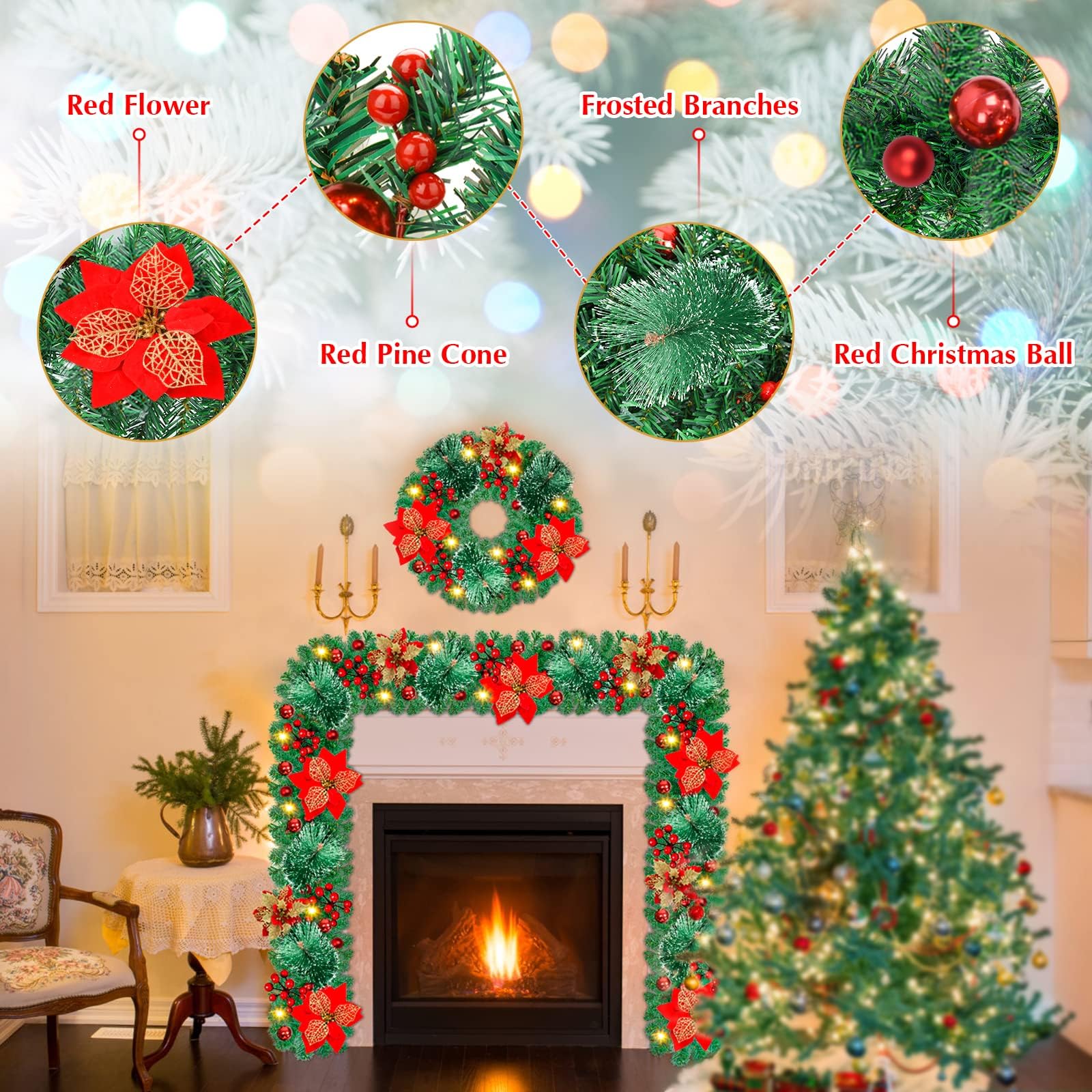 Christmas Garland,9FT Christmas Wreath for Christmas Decorations ...