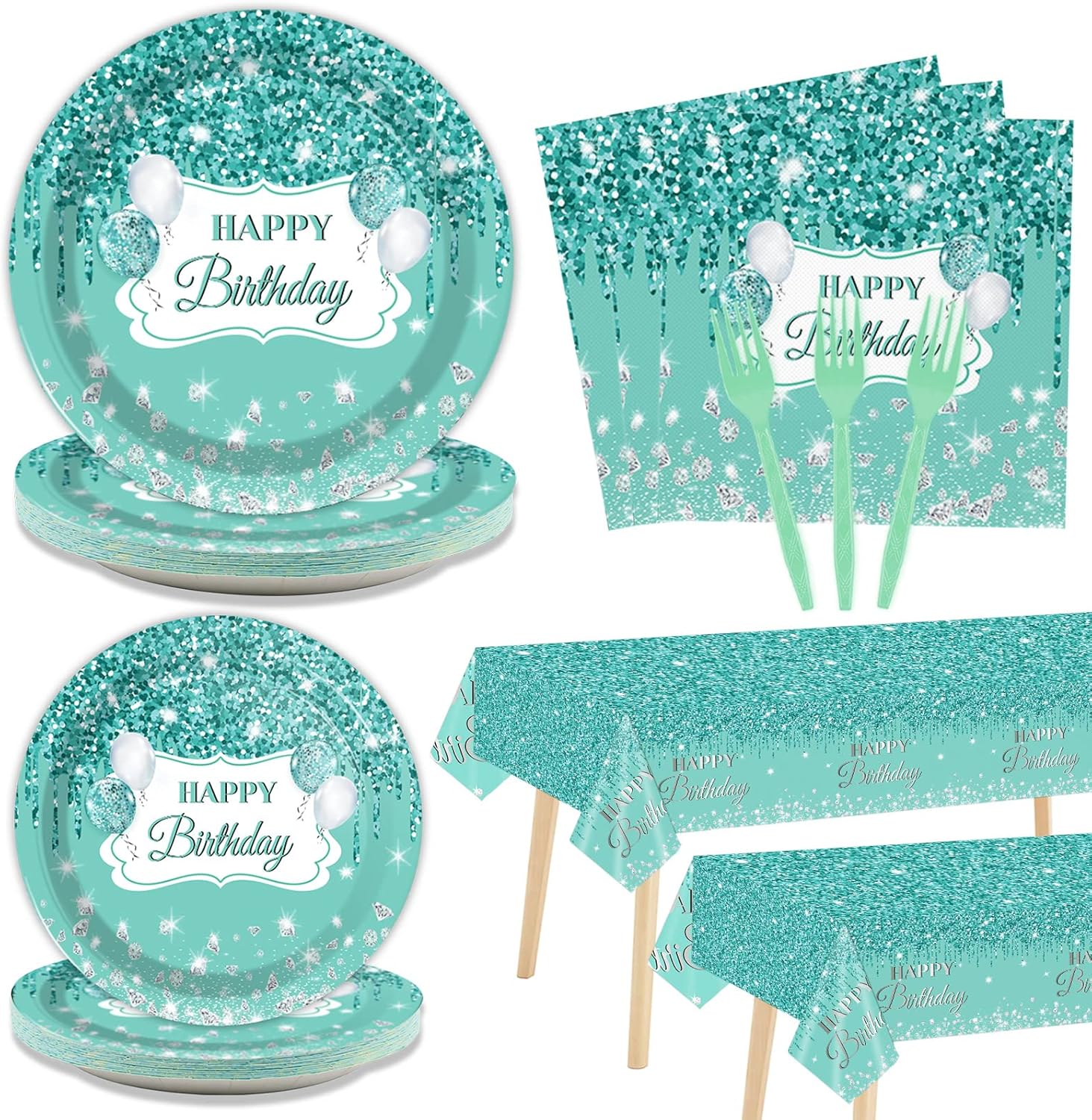Amazon.com: 98 Pieces Teal and Sliver Happy Birthday Decorations ...
