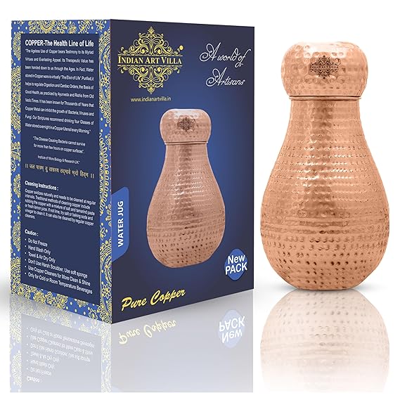 INDIAN ART VILLA Pure Copper Bedroom Water Bottle with Inbuilt Glass ...