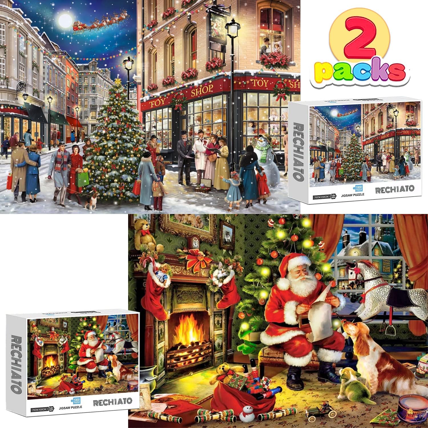 Amazon.com: 2 Pack 1000 Pieces Christmas Street Puzzle & Santa Claus ...