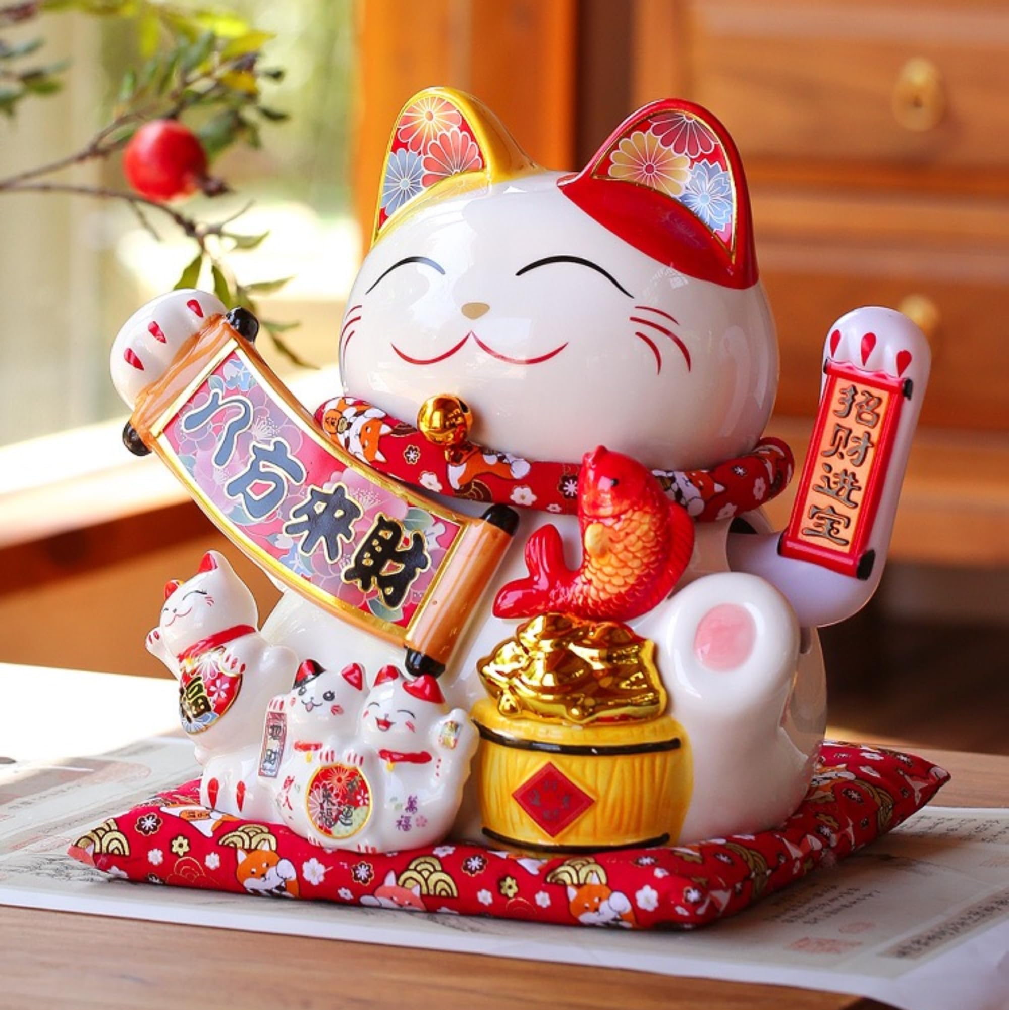 Amazon.com: 11'' Lucky Statue Cat Figurines Chinese Cat Waving Arm Large Maneki Neko Ceramic ...