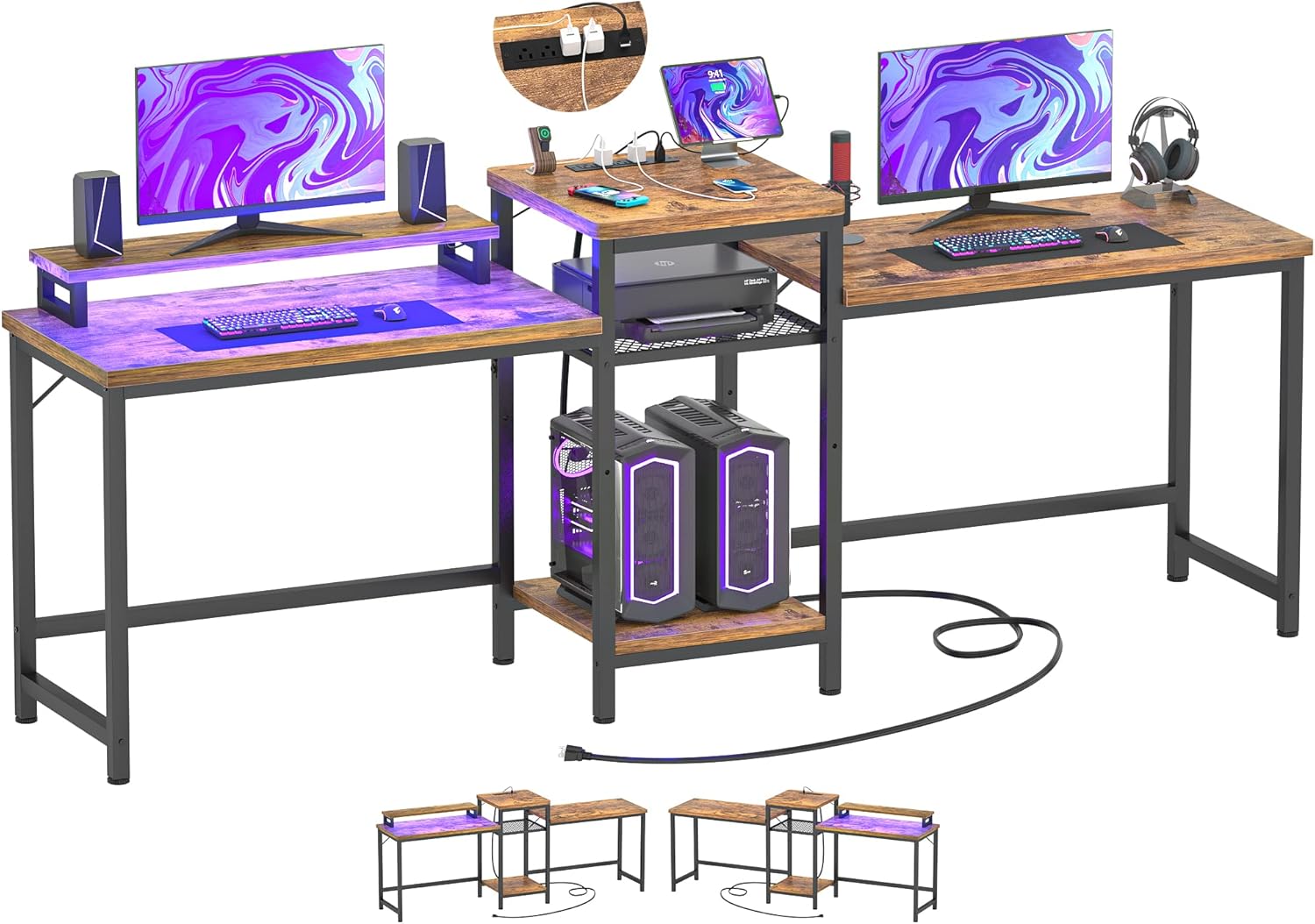 Amazon.com: Unikito Double Computer Desk with LED Strip and Power ...