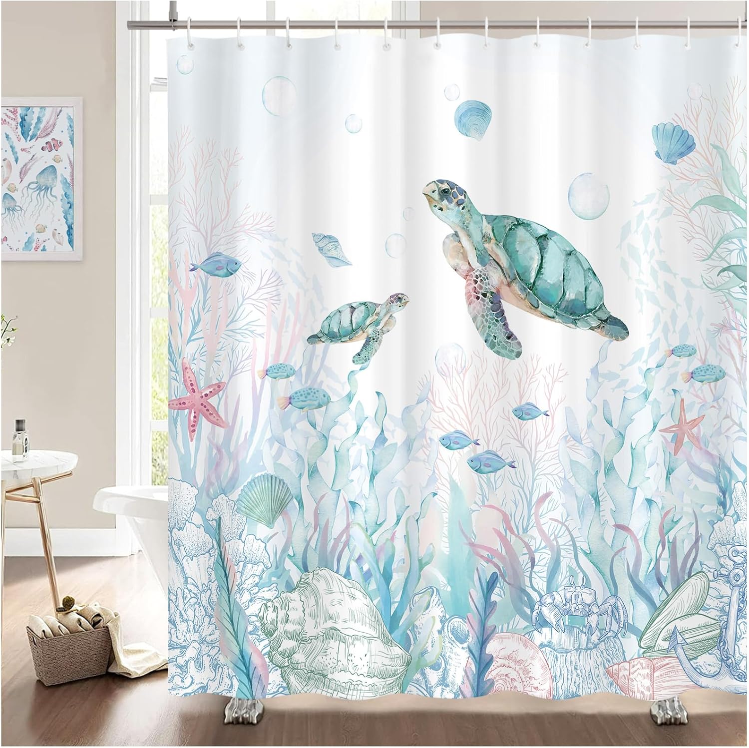 Amazon.com: Gezocaromo Sea Turtle Shower Curtain Blue Ocean Plant ...