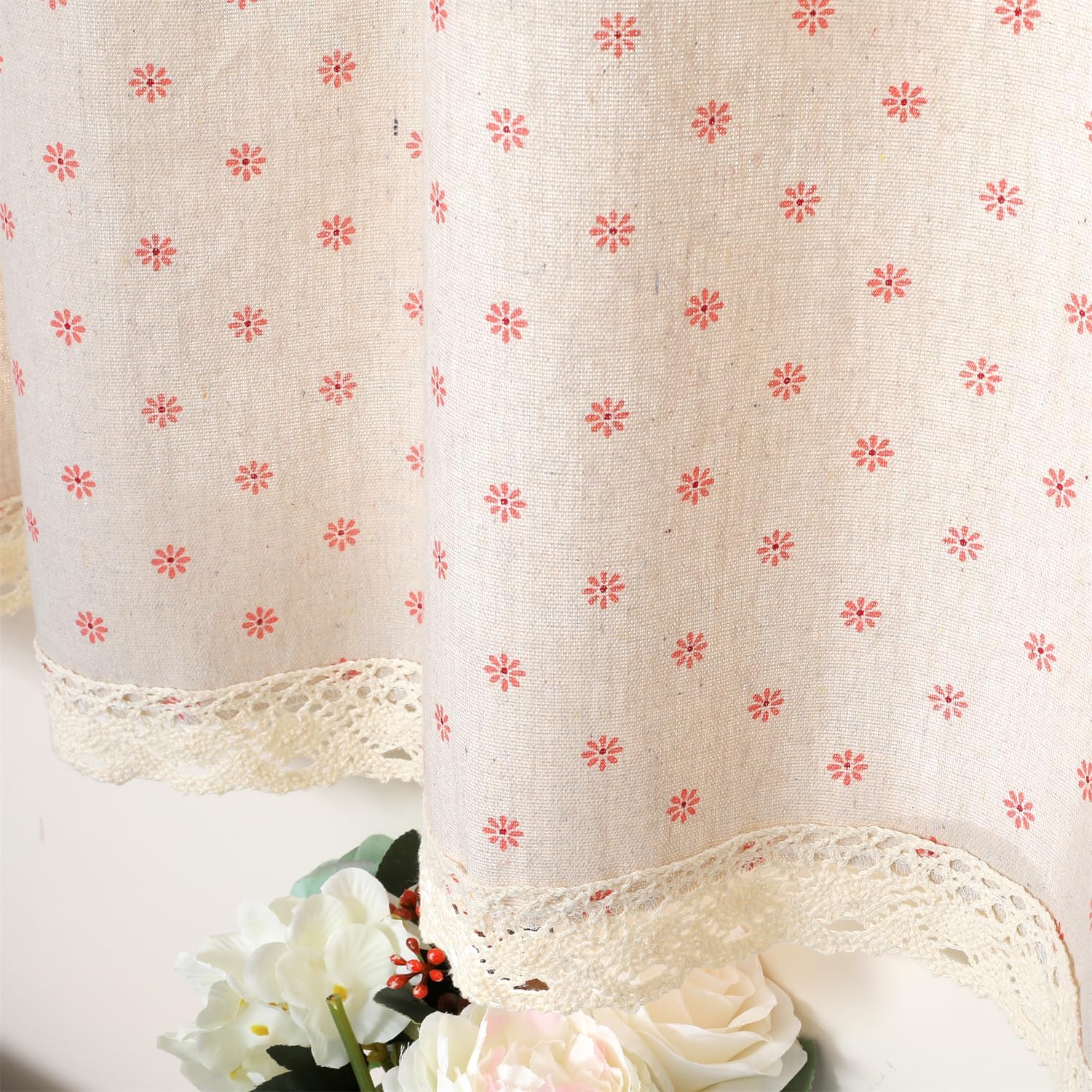 Amazon.com: Moslovstar Daisy Cotton Linen Tier Curtain Double Lace Hem ...