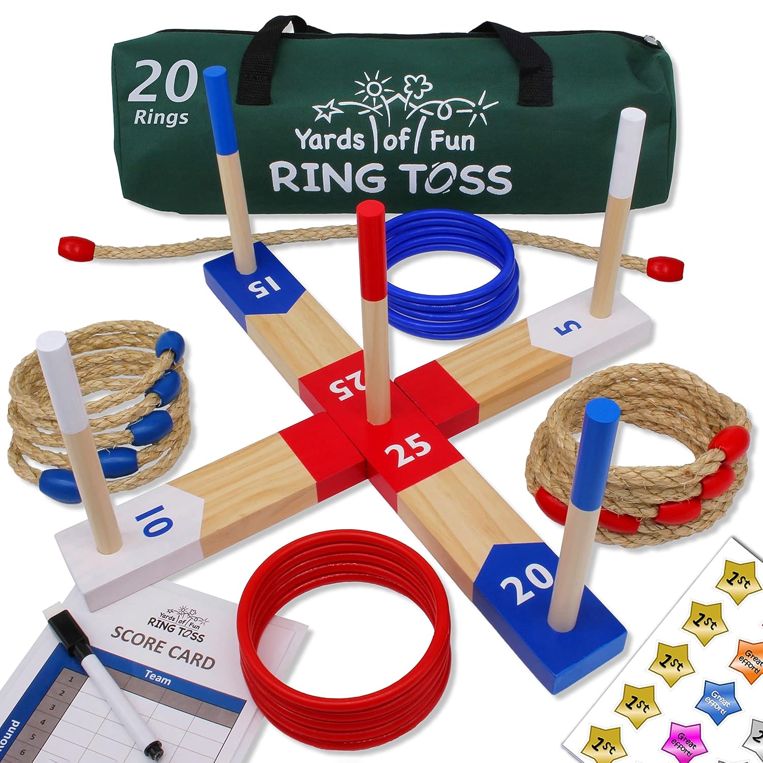 Buy Yards of Fun Premium Wooden Ring Toss Game Set for The Whole Family - Stunning Robust Design - Includes 20 Rope & Plastic Rings, Rope Start line, scorecard, Game Rules & Buy Yards of Fun Premium Wooden Ring Toss Game Set for The Whole Family - Stunning Robust Design - Includes 20 Rope & Plastic Rings, Rope Start line, scorecard, Game Rules &