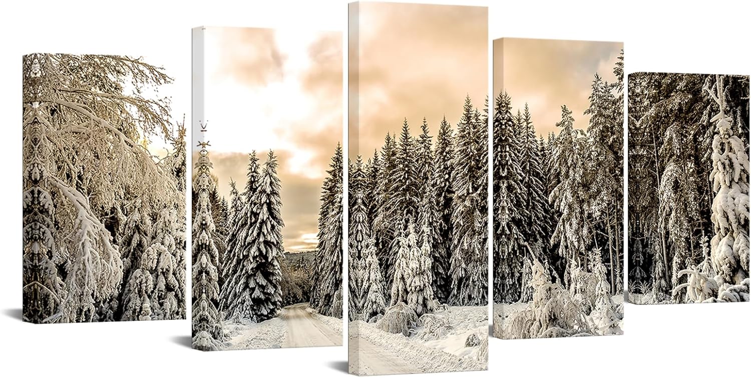 Amazon.com: Canvbay 5 Piece Winter Snowfield Canvas Wall Art Pine Tree ...