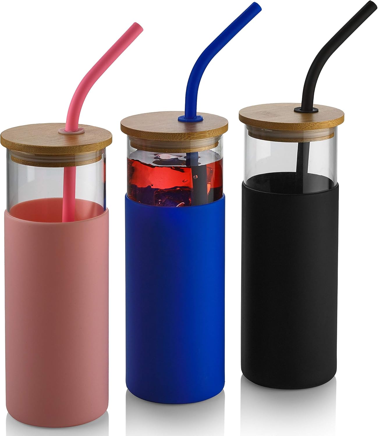 Amazon.com | PARNOO 3 Pack 18oz Glass Tumblers with Lids and Straws ...