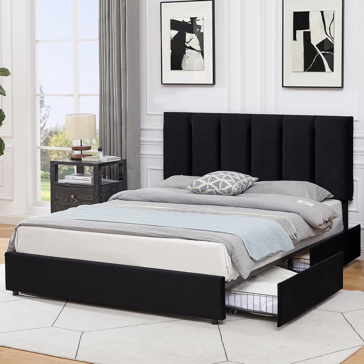 Amazon.com: VECELO Queen Upholstered Bed Frame with 4 Storage Drawers ...