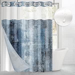 Amazon.com: Nesphy No Hook Grey Navy Blue Painting Shower Curtain with Snap in Fabric Liner Set ...
