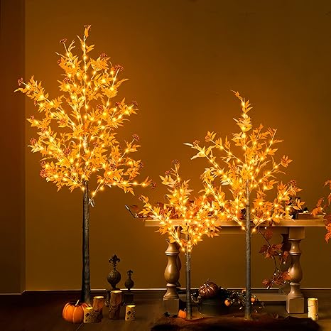 Amazon.com: DKLGG 3 Piece Fall Lighted Maple Tree with Red Berries ...