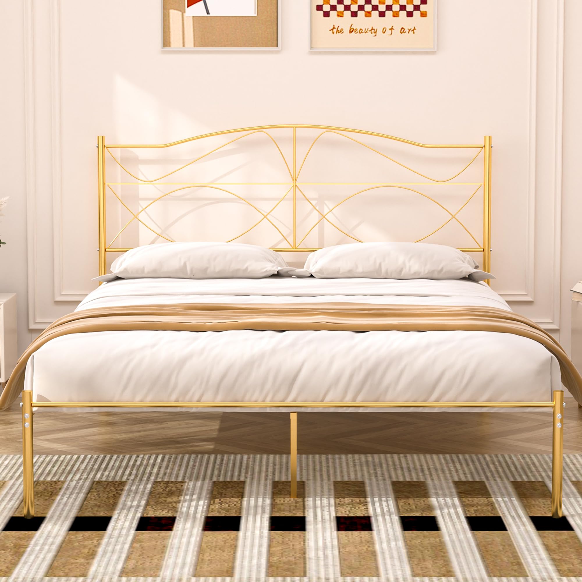 Amazon.com: VECELO Queen Size Bed Frame, Gold Metal Bed Platform with ...