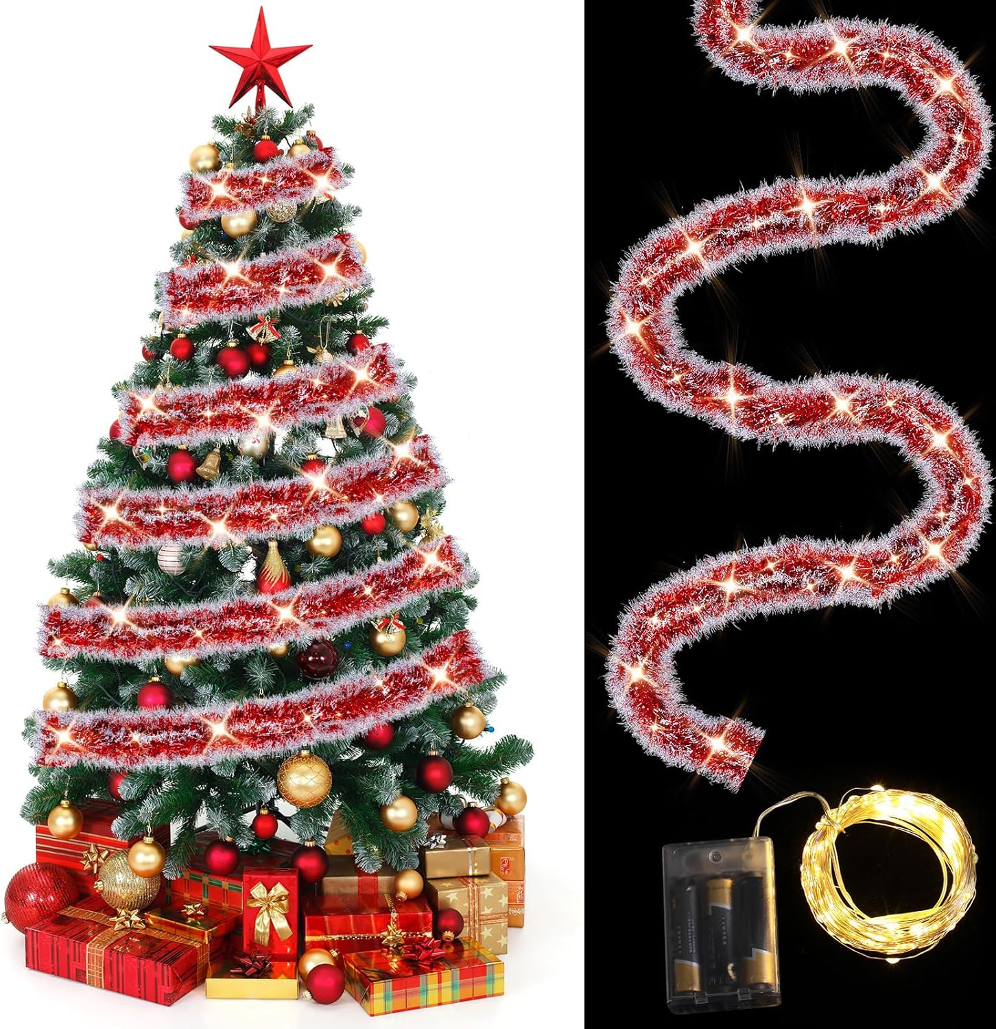 Amazon.com: Lyrow 65.6 ft Christmas Tinsel Garlands with 65.6 ft 200 ...