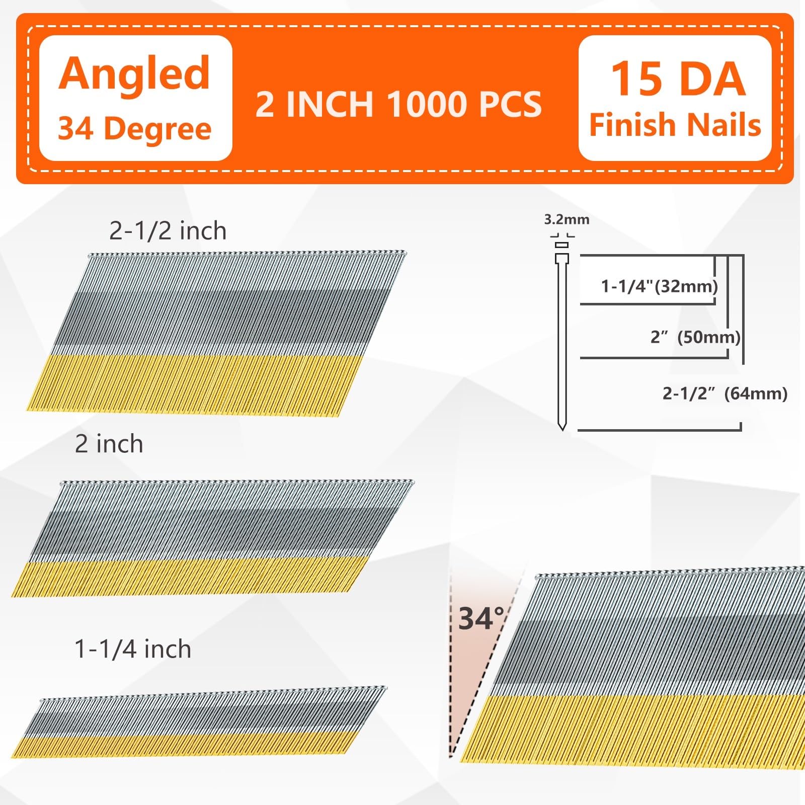 Snapklik.com : 15 Gauge DA Angled Finish Nails, 34-Degree, 2 Inch 1000 ...