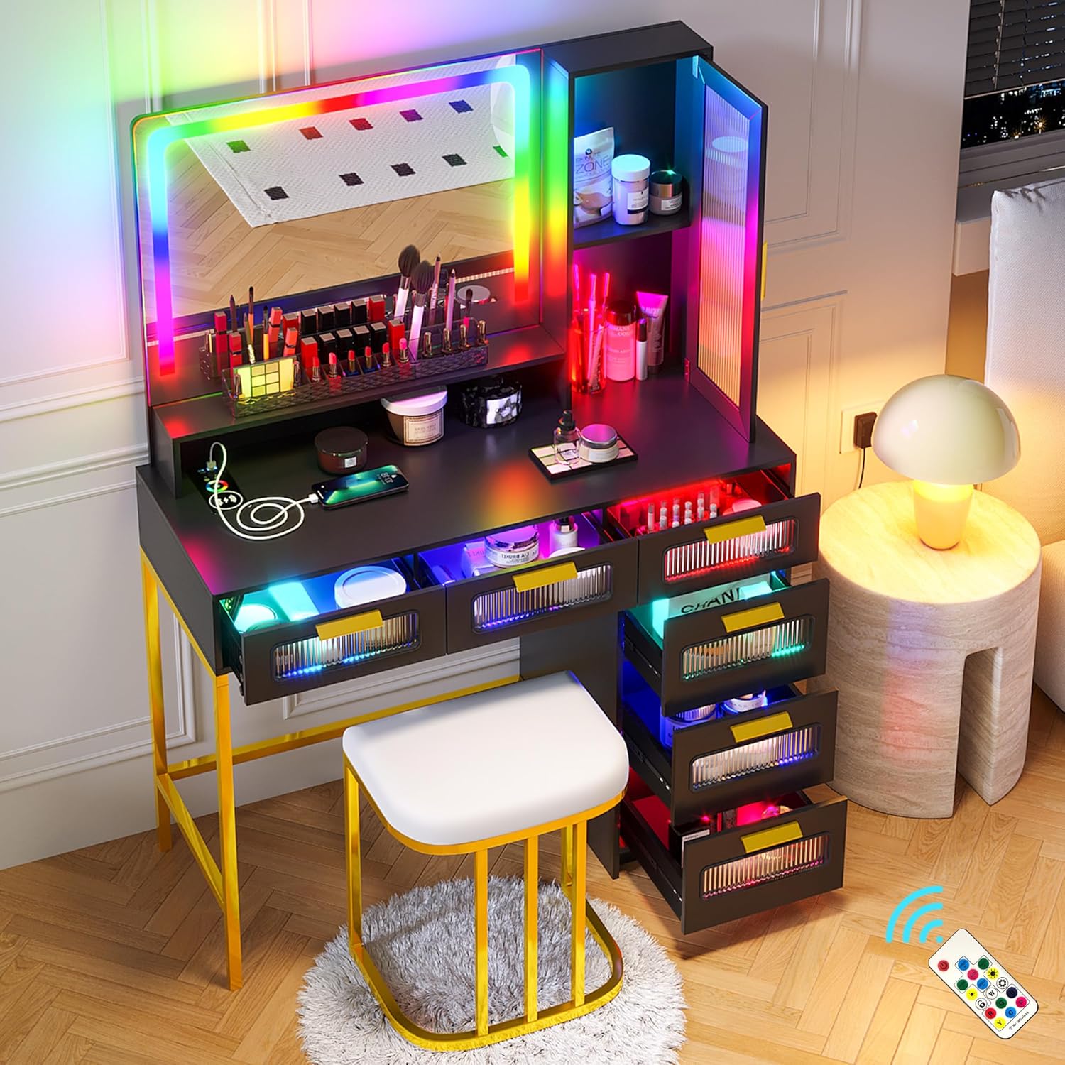 Amazon.com: HNEBC RGB Vanity Desk with Mirror and Lights, LED Vanity ...