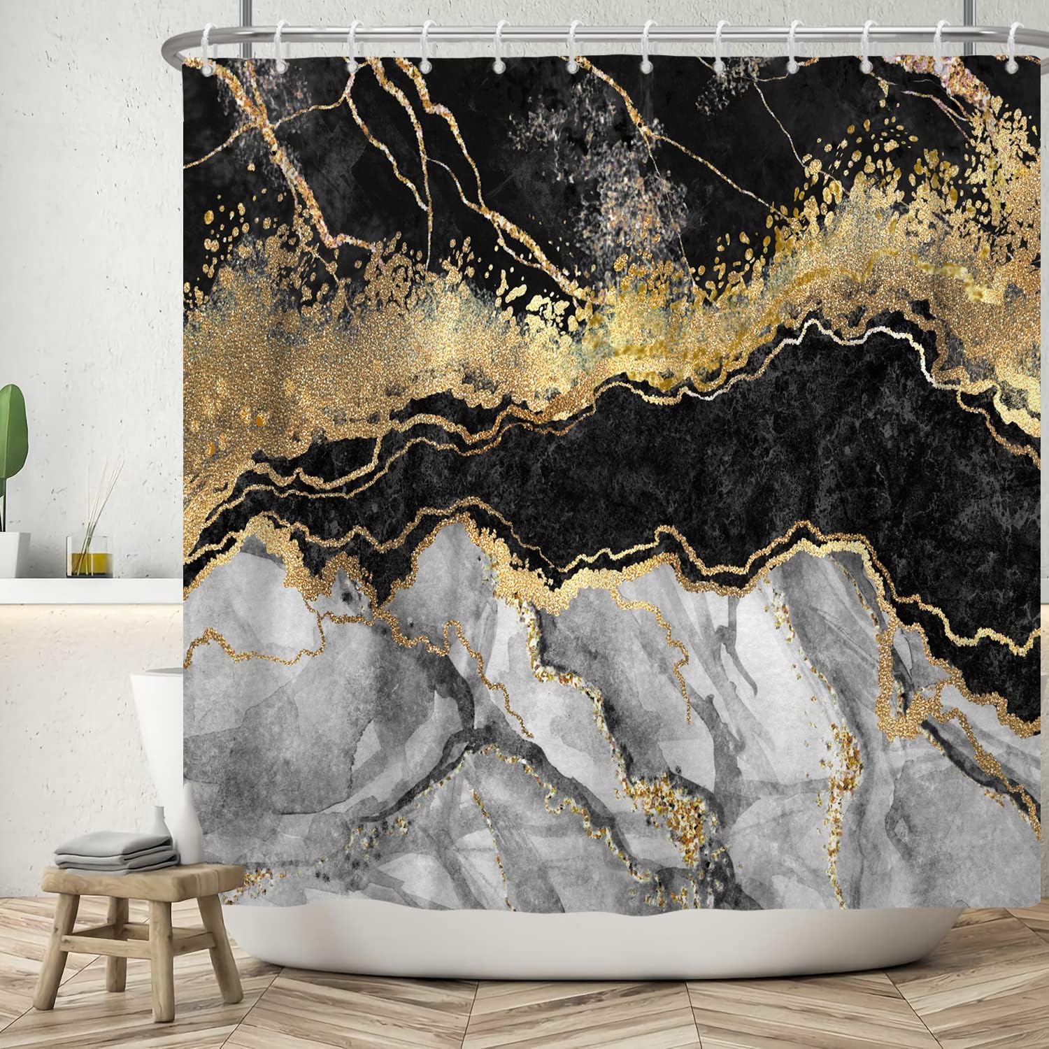 Black Gold Marble Shower Curtains for Bathroom Abstract Golden Cracked ...