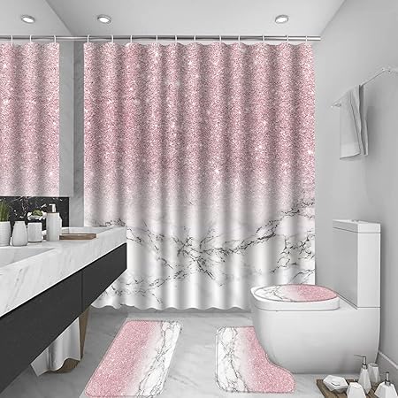 Amazon.com: juwute 4 Pcs Pink Shower Curtain Set Marble Bathroom Shower ...