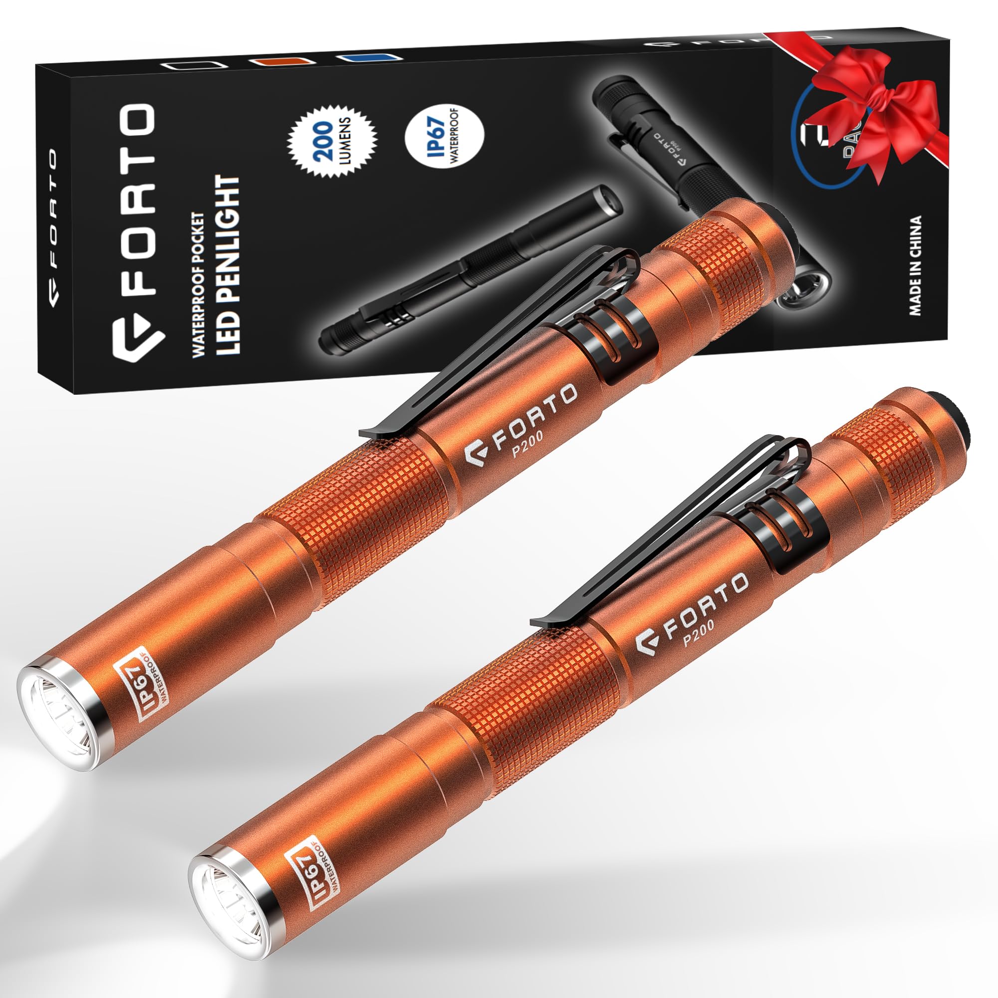 FORTO LED Pen Light, 200 Lumens Pocket Flashlight, IP67 Waterproof, 2 ...