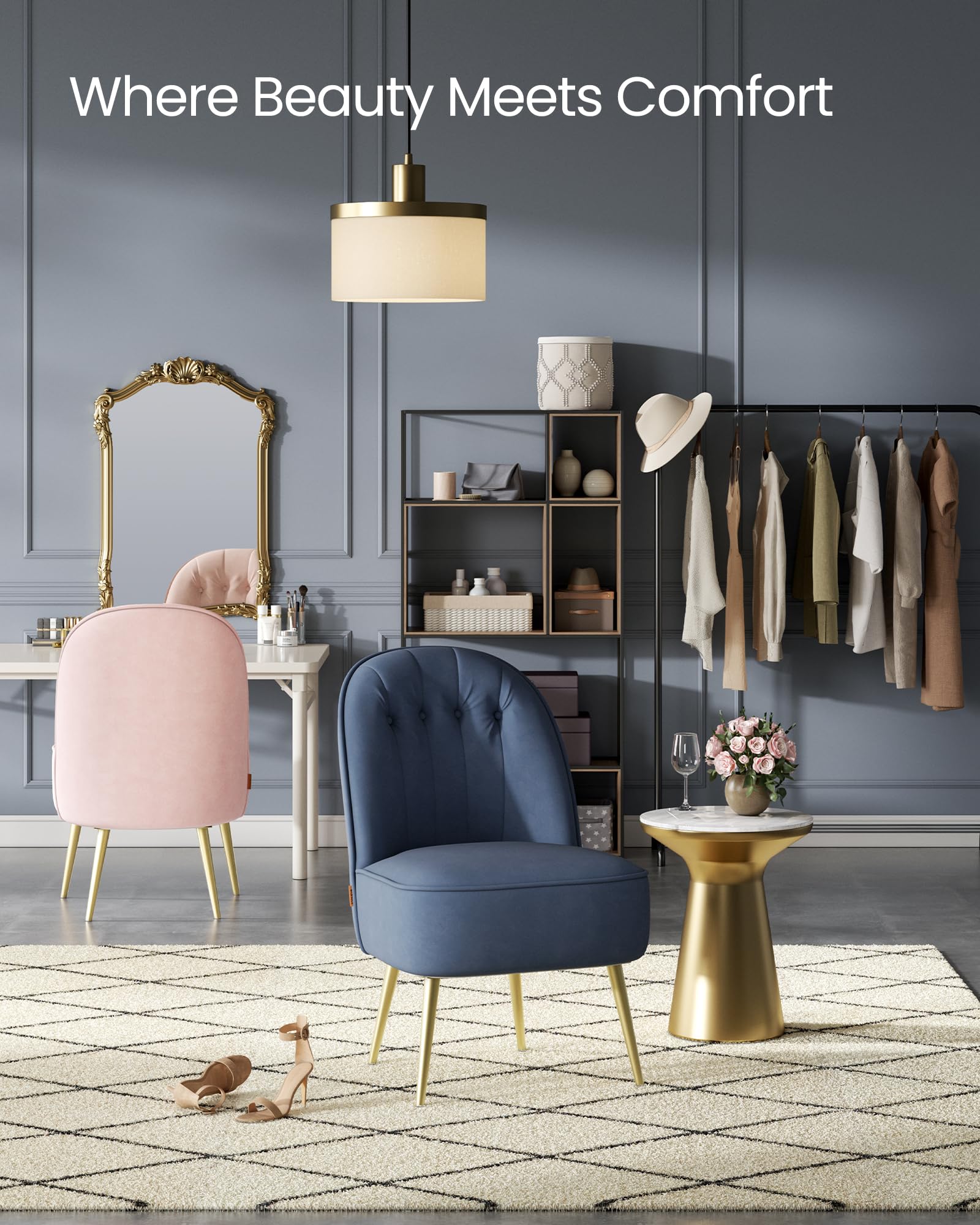 VASAGLE Accent Chair, Velvet Vanity Chair with Metal Legs, Shell-Shaped ...