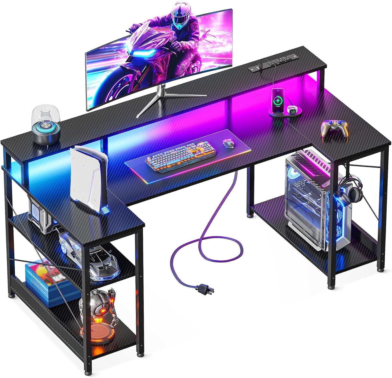 Amazon.com: ODK 48 Inch Gaming Desk with LED Lights and Power Outlet, U ...