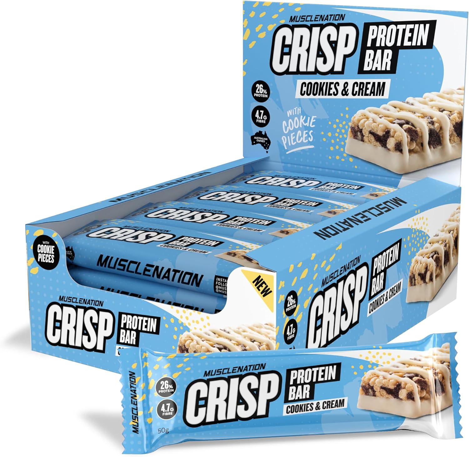 Muscle Nation Cookies & Cream Crisp Protein Bars 12 x 50g : Amazon.com ...